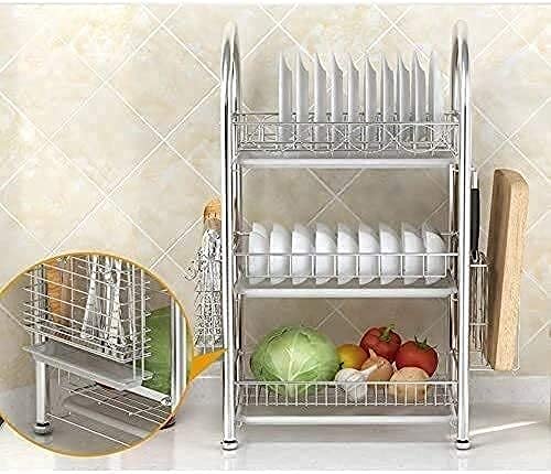 Plate Rack Dish Drainer Rack Drainer Holder Organization Shelf Kitchen Stainless Steel Utensil Chopping Board Holder with Drain Pan Plate Holder (Color : Silver, Size : 3-Tier)