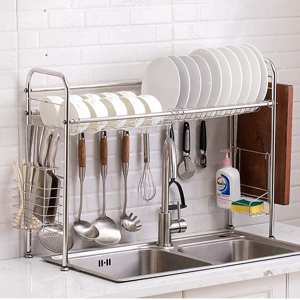 ESRADA Dish Rack Over The Sink Dish Drying Rack Stainless Steel Dish Drainer in Sink Large Dish Rack Kitchen Aid Space Saver Organizer Shelf Basket Hooks
