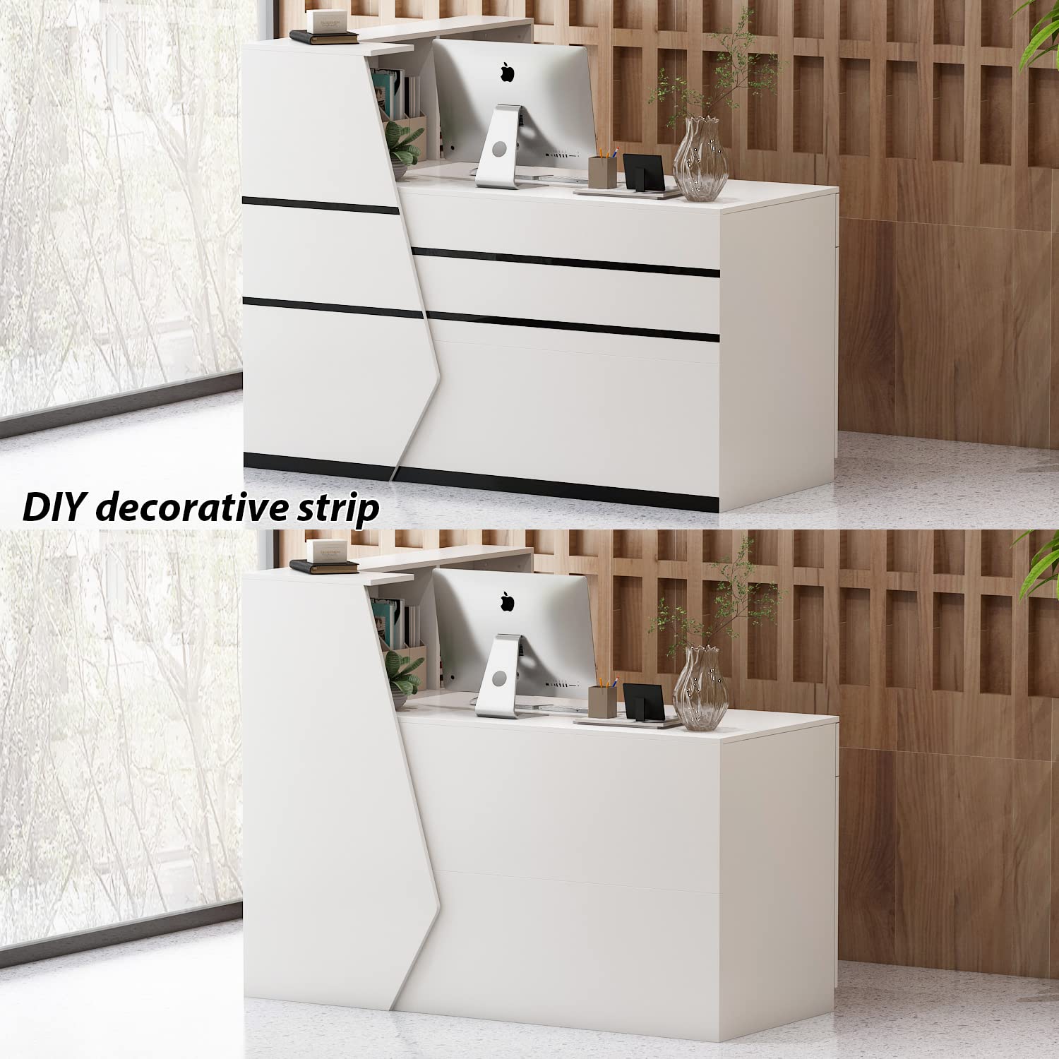 AIEGLE Reception Desk with Hutch, Reception Counter Desk with Lockable Drawers & Shelves, for Salon Recetion Room Retail Counter Checkout Office, White (55.1" W x 43.3" D x 43.3" H)