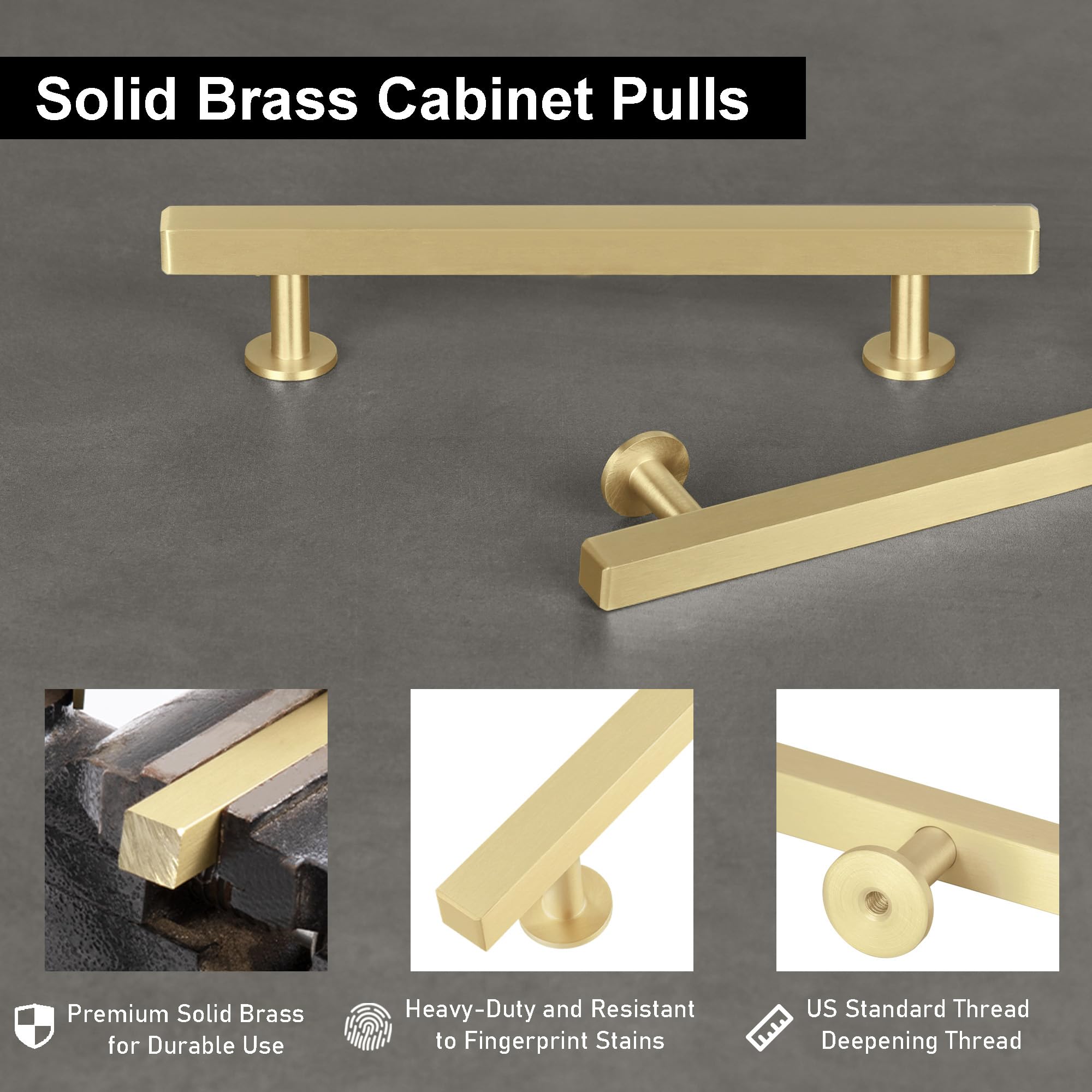 QOGRISUN 2-Pack Solid Brass Cabinet Handles, Gold Square T Bar Cabinet Pulls, 5 Inch Hole Center for Kitchen Dresser Drawer Cupboard, Brushed Brass Finish