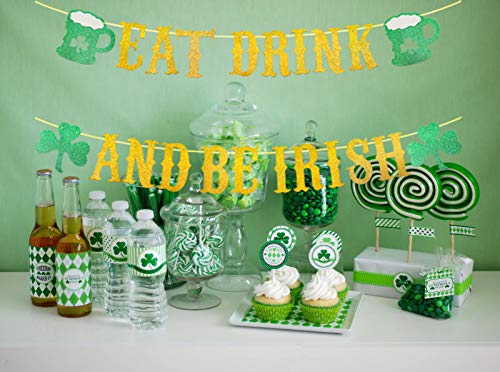 Weimaro Eat Drink and Be Irish Banner, Glittery St. Patrick’s Day Decorations, Happy St Patricks Day Banner Decorations, St Patricks Day Bar Pub Decor, Funny St Patty’s Day Party Decorations Supplies