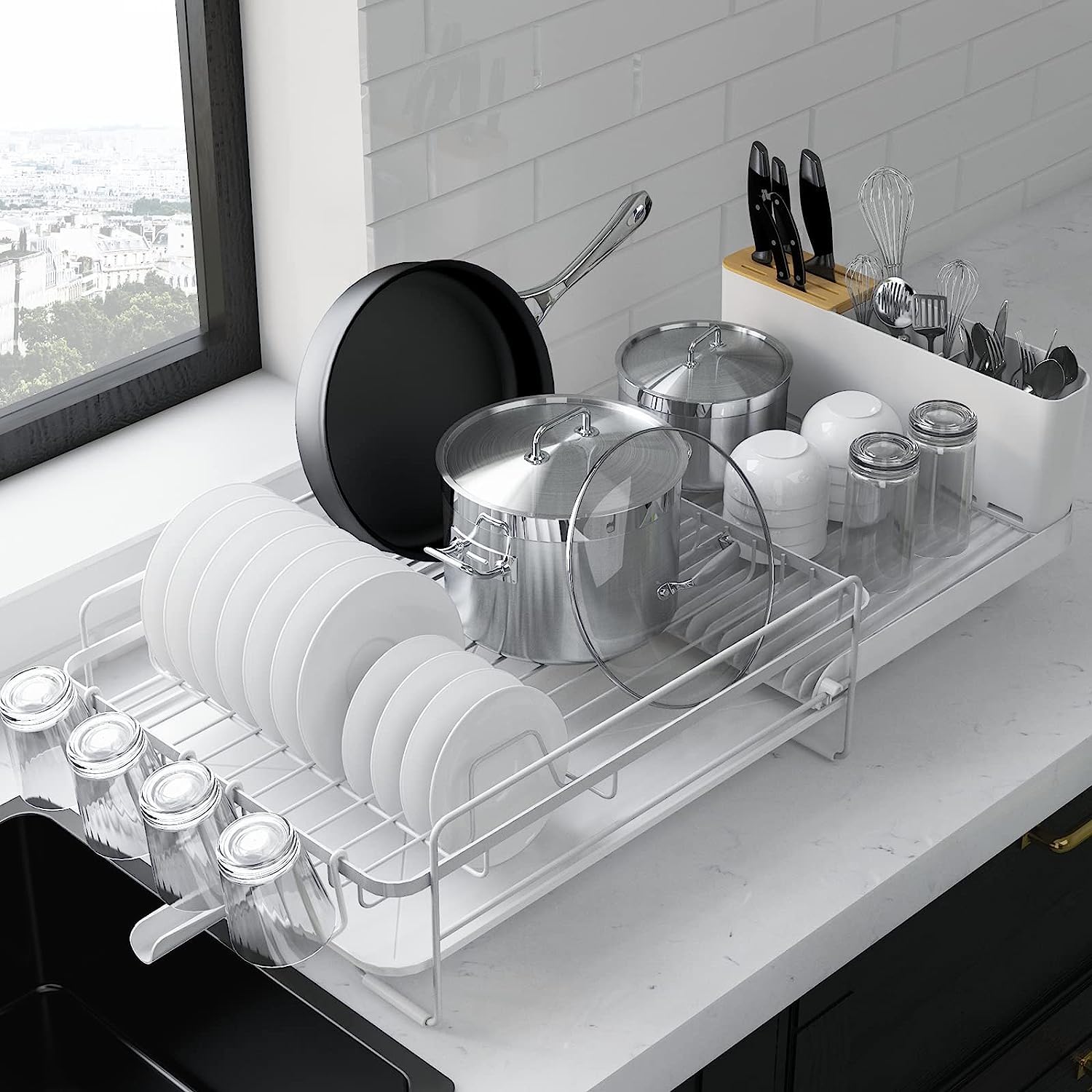 Kitsure Large Dish Drying Rack - Extendable Dish Rack, Multifunctional Dish Rack for Kitchen Counter, Anti-Rust Drying Dish Rack with Cutlery & Cup Holders White2