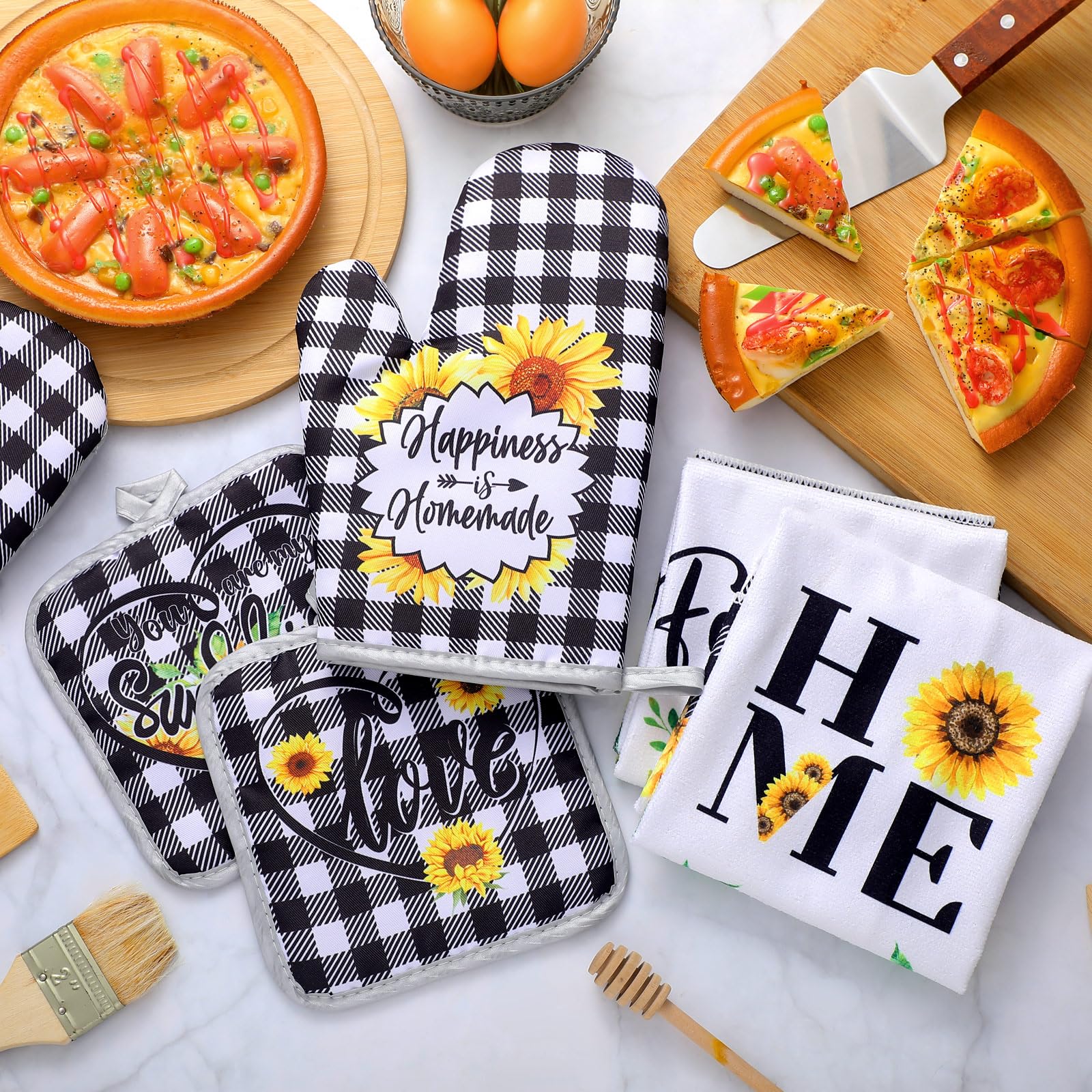 Leinuosen 6 Floral Plant Oven Mitts and Pot Holders Sets Farmhouse Kitchen Towels Absorbent Dish Towels for Cooking Baking Grilling(Classic Color,Plaid Sunflower)
