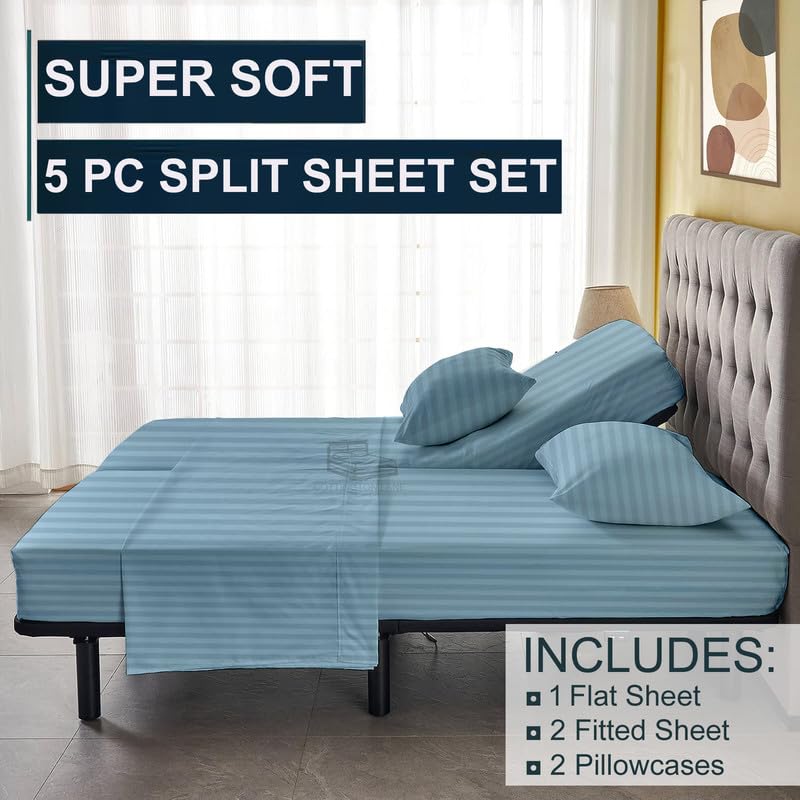 5 Piece Split California King Sheets Sets for Adjustable beds- 400 TC 100% Cotton(Light Blue Stripe)