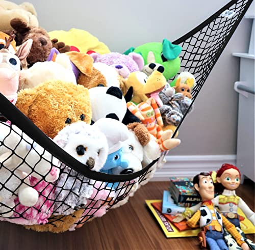 MiniOwls Toy Storage Hammock - Organizational Stuffed Animal Net for Play Room or Bedroom. Fits 30-40 Plushies. Comes in a Gift Box. (Black, X-Large)