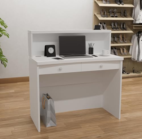 UGOS Mono 40" Modern Reception Desk w/Transaction Counter | Laminate Desktop | Multifunctional Standing Front Desk for Home, Office, Salon, Spas, and Lobby (White)