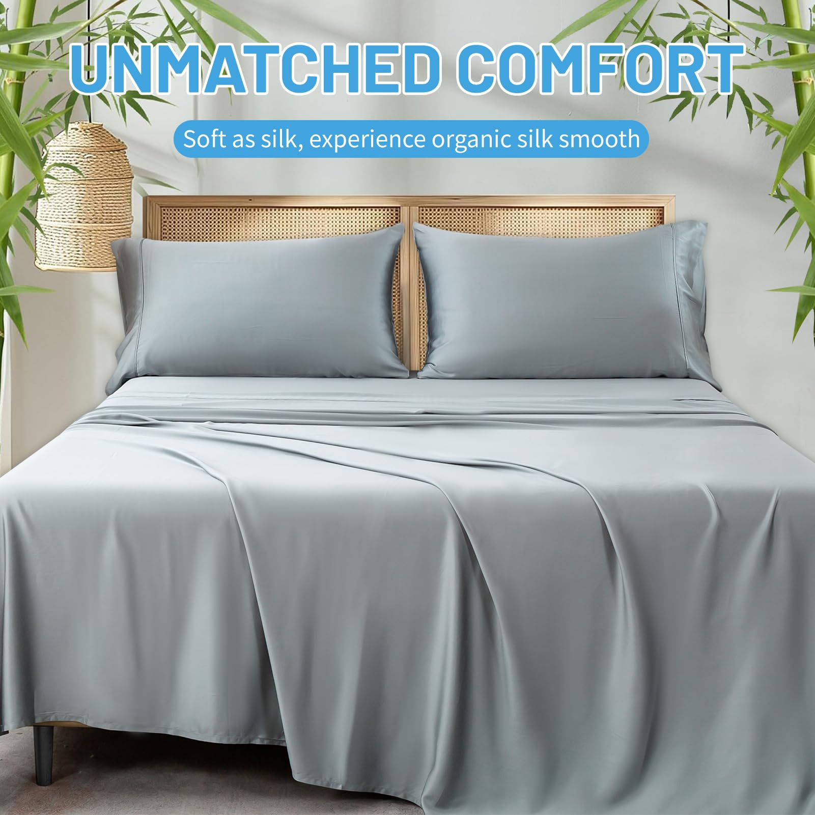 MEISHANG Bamboo Viscose Sheets King Size - 100% Organic Viscose,400TC Cooling Luxury Sheet Set with 16" Deep Pockets - 4 Pieces(Light Grey)