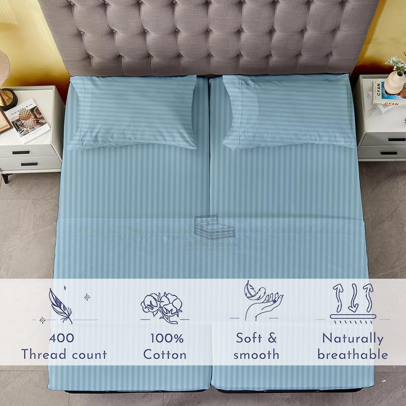 5 Piece Split California King Sheets Sets for Adjustable beds- 400 TC 100% Cotton(Light Blue Stripe)