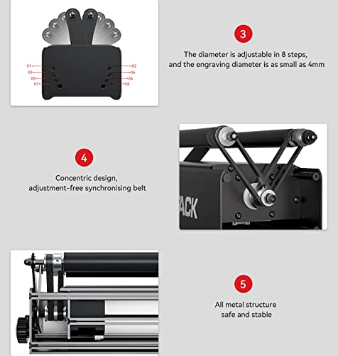 ATOMSTACK R3 Pro Engraver Rotary Roller, Engraver Y-axis Rotary Roller for 360° Engraving Cylindrical Objects with 4 Heightening Columns, 2 Support Shaft and 1 Support Frame