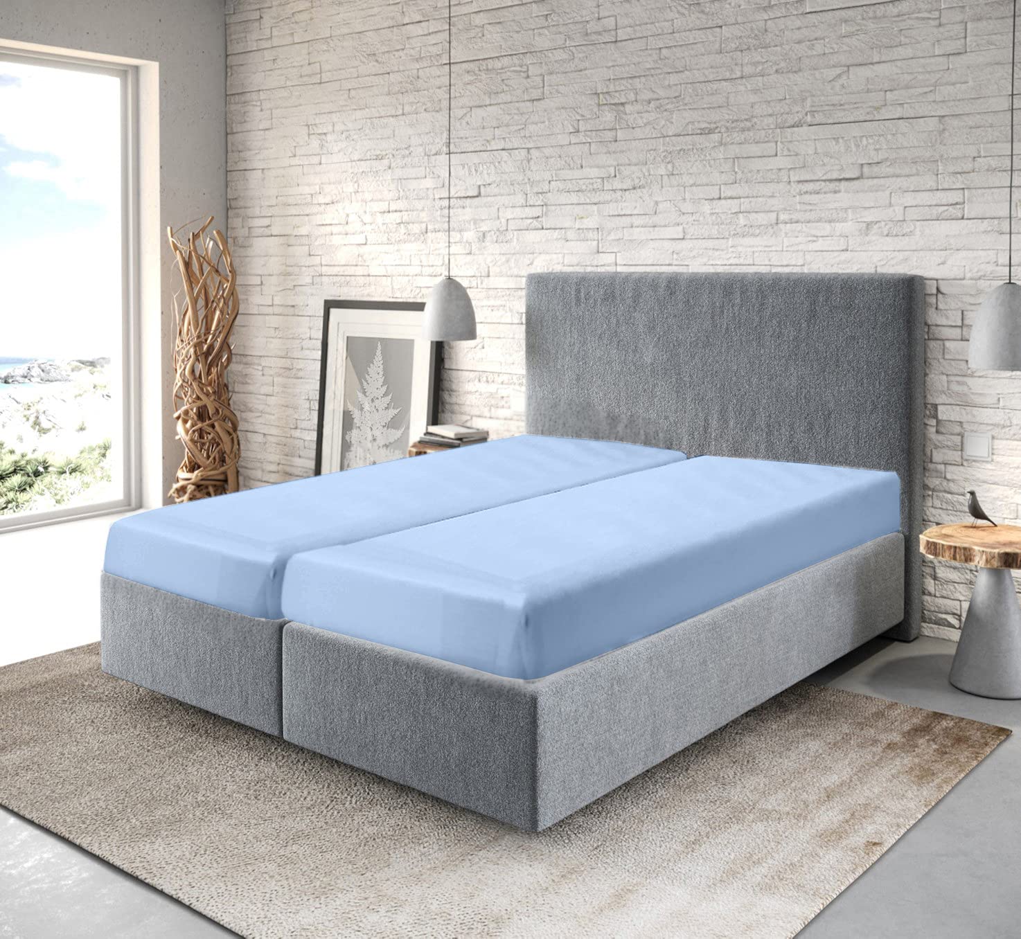 Split King Sheets Sets for Adjustable Bed, Soft 100% Egyptian Cotton 400-Thread-Count, Sateen Weave, 5PC Set with 2 Fitted Sheets, Split-King Sheet Set 25-Inch Deep Pockets, 400-TC - Light Blue Solid