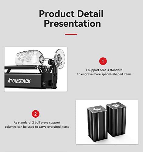ATOMSTACK R3 Pro Engraver Rotary Roller, Engraver Y-axis Rotary Roller for 360° Engraving Cylindrical Objects with 4 Heightening Columns, 2 Support Shaft and 1 Support Frame