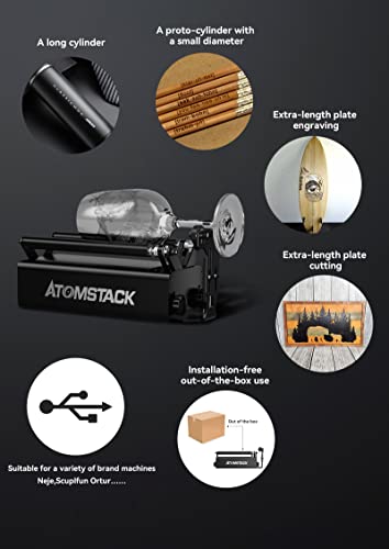 ATOMSTACK R3 Pro Engraver Rotary Roller, Engraver Y-axis Rotary Roller for 360° Engraving Cylindrical Objects with 4 Heightening Columns, 2 Support Shaft and 1 Support Frame