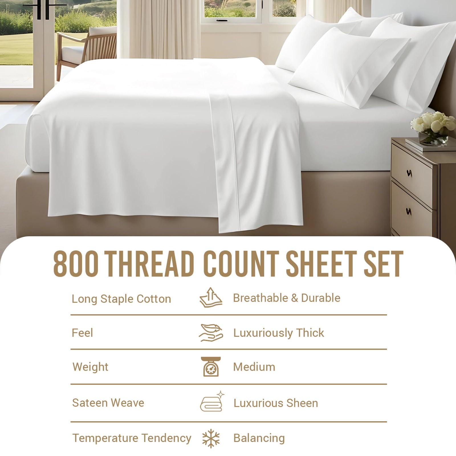 Pizuna Pure 100% Cotton Queen Size Sheets, 800 Thread Count Long Staple Cotton Crisp Sateen Sheets with 15inch Deep Pocket