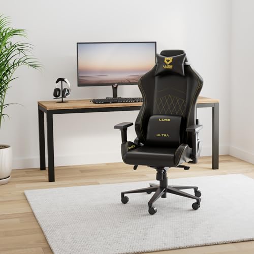 Luxe Ultra Max Gaming Chair and Desk Chair- Black Body with Black Side seat Panels and Gold Stitching