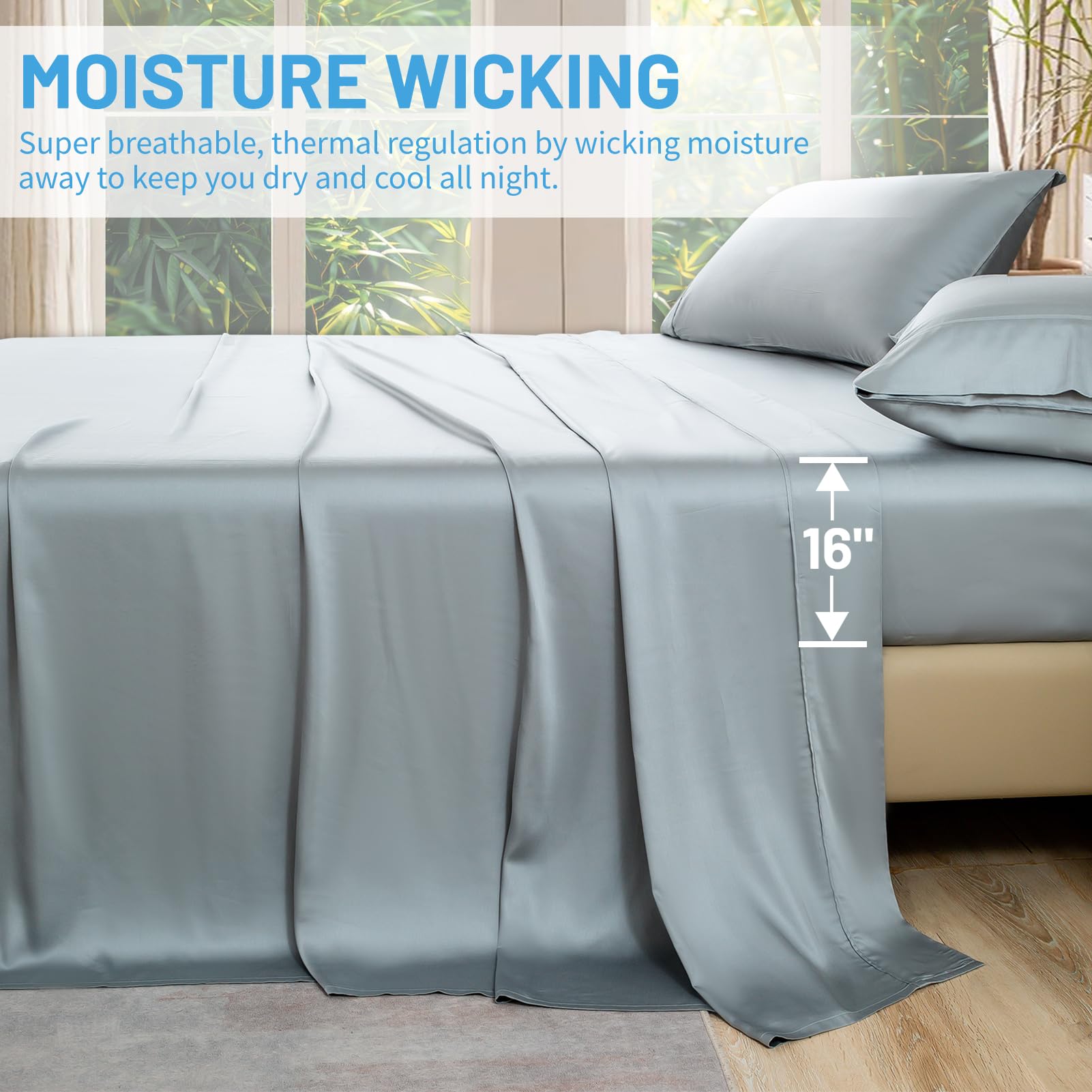 MEISHANG Bamboo Viscose Sheets King Size - 100% Organic Viscose,400TC Cooling Luxury Sheet Set with 16" Deep Pockets - 4 Pieces(Light Grey)