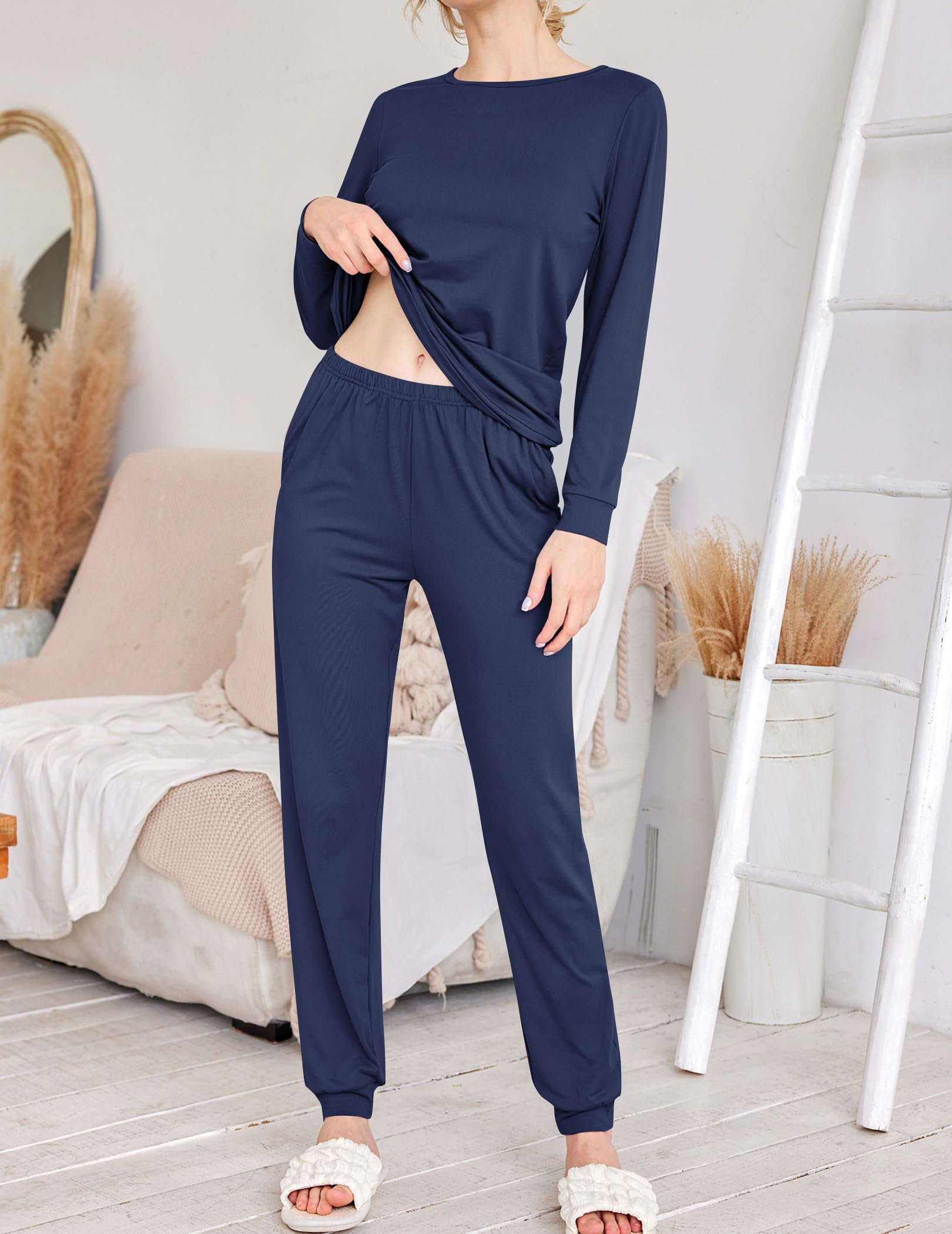 Ekouaer 2 Pack Women's Pajama Set Long Sleeve Top With Jogger Pants Lounge Sets Sleepwear Loungewear with Pockets