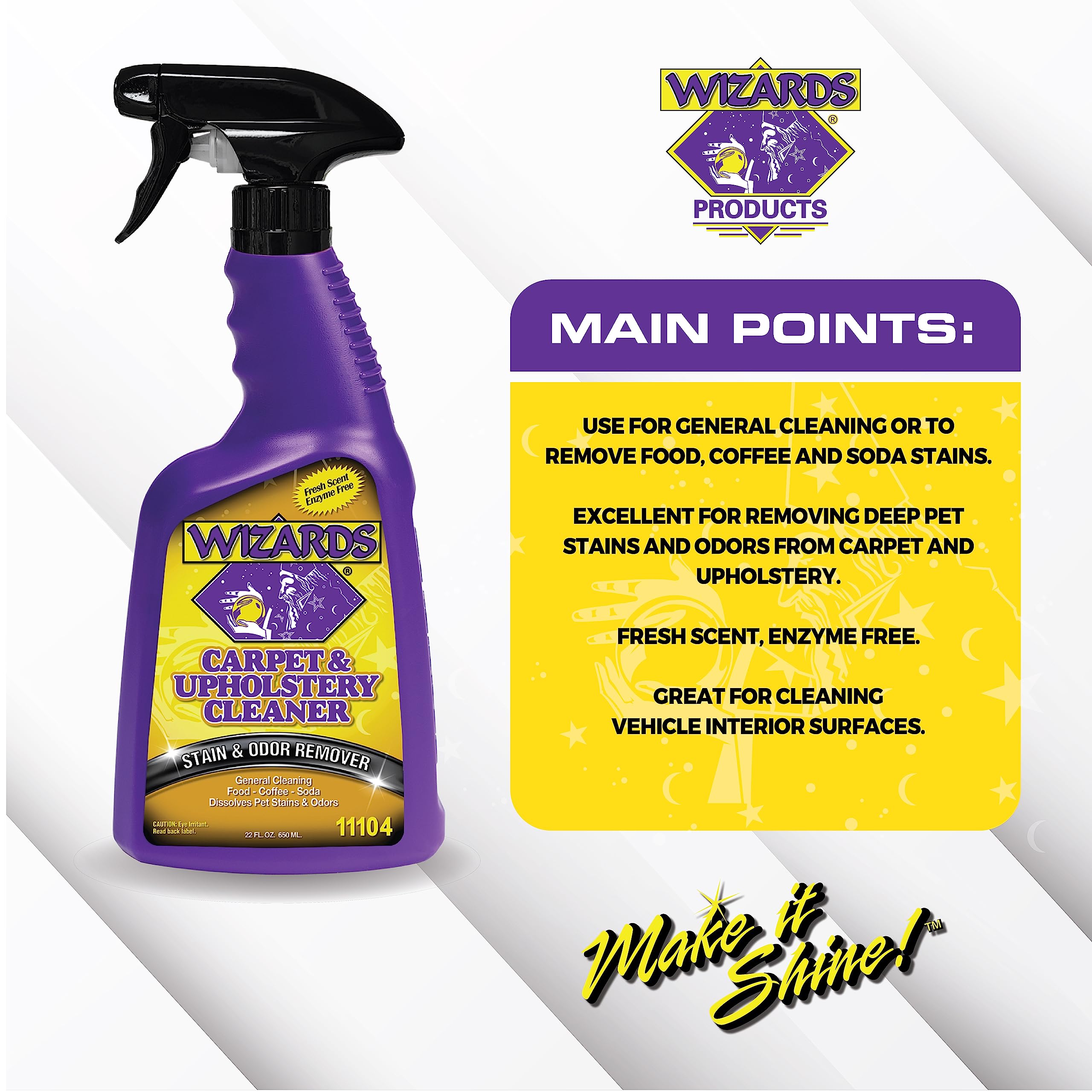 Wizards Carpet and Upholstery Cleaner - Fabric Cleaner Spray Solution for a Fresh & Clean Car - Pet Stain & Smell Remover and Natural Carpet Cleaner - Made in USA - 22 oz