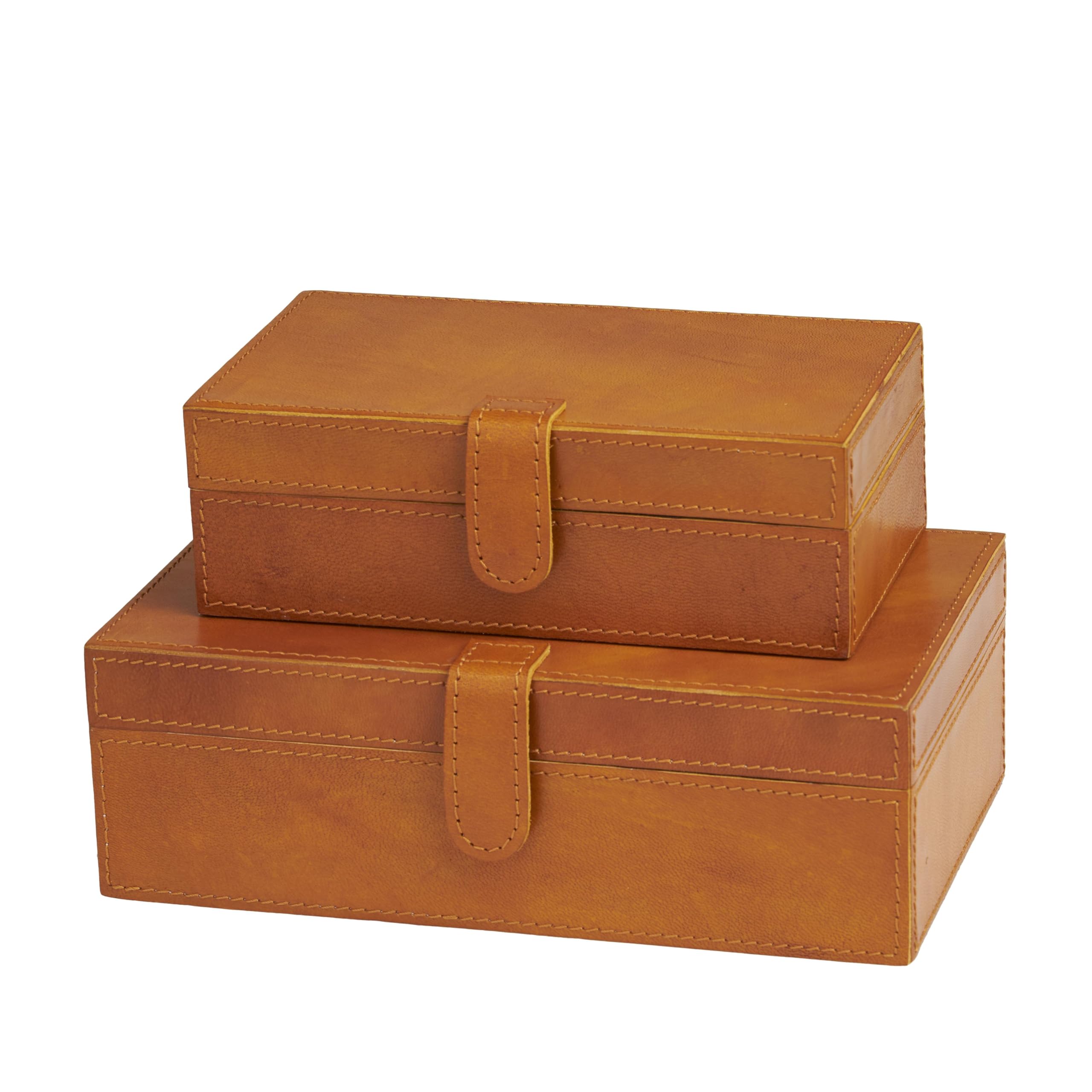 Deco 79 Leather Handmade Decorative Box Storage Decorative Keepsake Boxes with Snap Front Closure and Detailed Stitching, Set of 2 Storage Boxes 10", 8" W, Brown