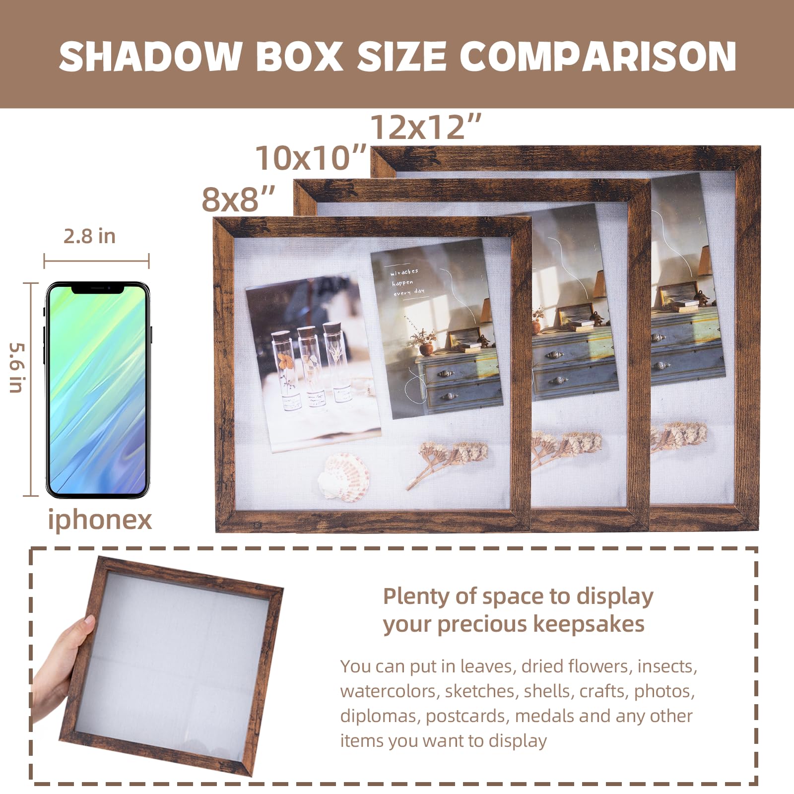 Muzilife 12x12 Shadow Box Picture Frame with Linen Board - Deep Wood & Glass Display Case to Hang Memory Box Baby Sports Memorabilia, Pins, Awards, Medals, Wedding, Tickets and Photos, Rustic Brown