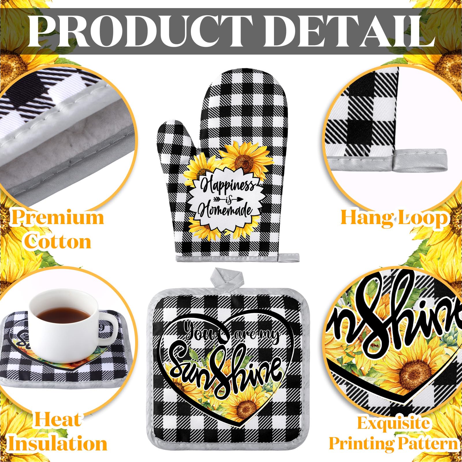 Leinuosen 6 Floral Plant Oven Mitts and Pot Holders Sets Farmhouse Kitchen Towels Absorbent Dish Towels for Cooking Baking Grilling(Classic Color,Plaid Sunflower)