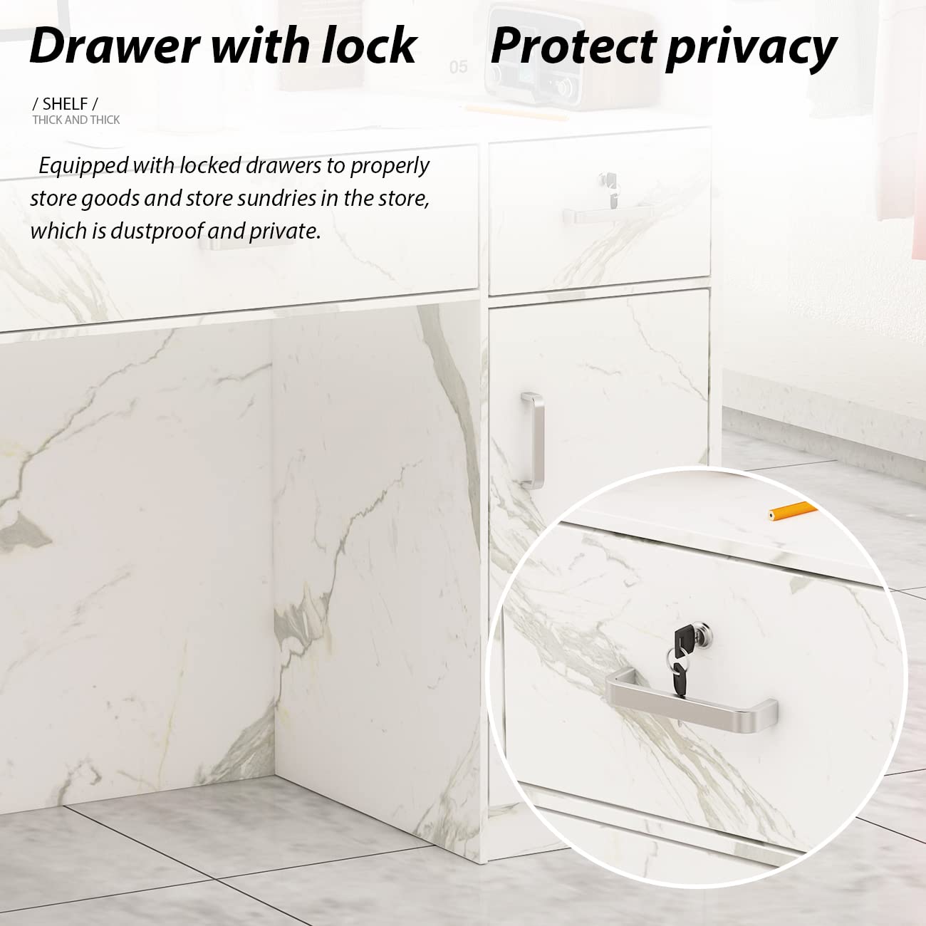AGOTENI Reception Desk Reception Stations with Open Shelf & Drawers, Wooden Counter Desk with Lockable Drawer for Office Reception Room (Marble White)