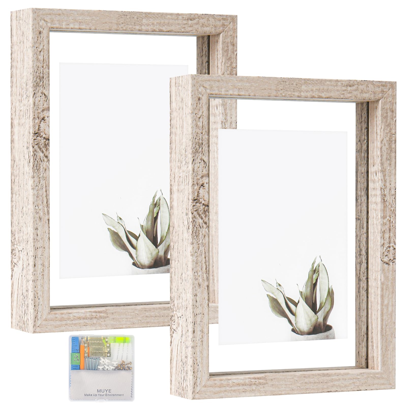 MUYE 5x7 Floating Frames Distressed Beige White Wood Pattern,Double Glass Picture Frame Display Any Size Photo up to 5x7,Wall Mount or Tabletop,2 Pack