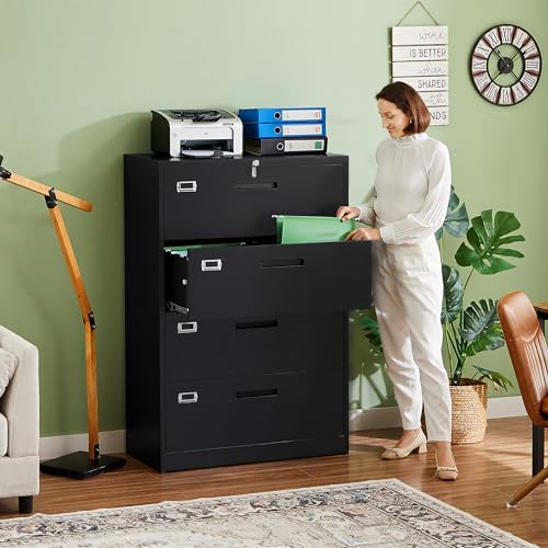 Letaya File Cabinets,4 Drawer Metal Lateral Filing Organization Storage Cabinets with Lock,Home Office for Hanging Files Letter/Legal/F4/A4 Size (Require Assembly)