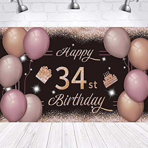 Happy 34st Birthday Backdrop Banner Black Pink 34th Sign Poster 34 Birthday Party Supplies for Anniversary Photo Booth Photography Background Birthday Party Decorations, 72.8 x 43.3 Inch