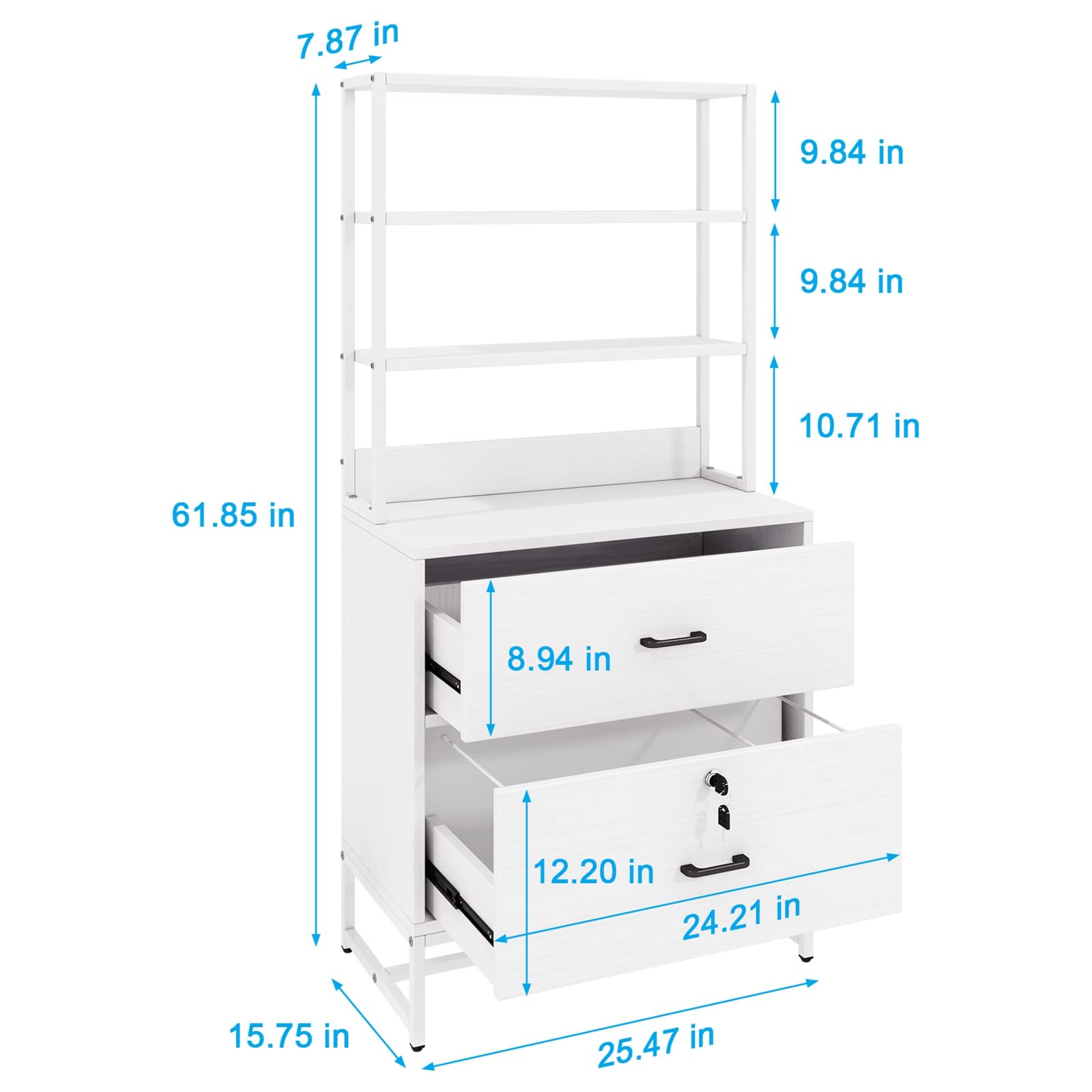 Jehiatek File Cabinets for Home Office with Lock 2 Drawer, Large Vertical Filing Cabinet with Bookshelf, Sturdy, Durable, Easy to Assemble and Clean (White), 25.59'D x 15.75'W x 62'H