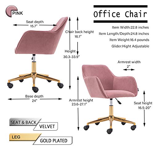 Yoluckea Modern Velvet Swivel Office Chair, Adjustable Height, Ergonomic Design, Cute Desk Chair for Home Office, Pink
