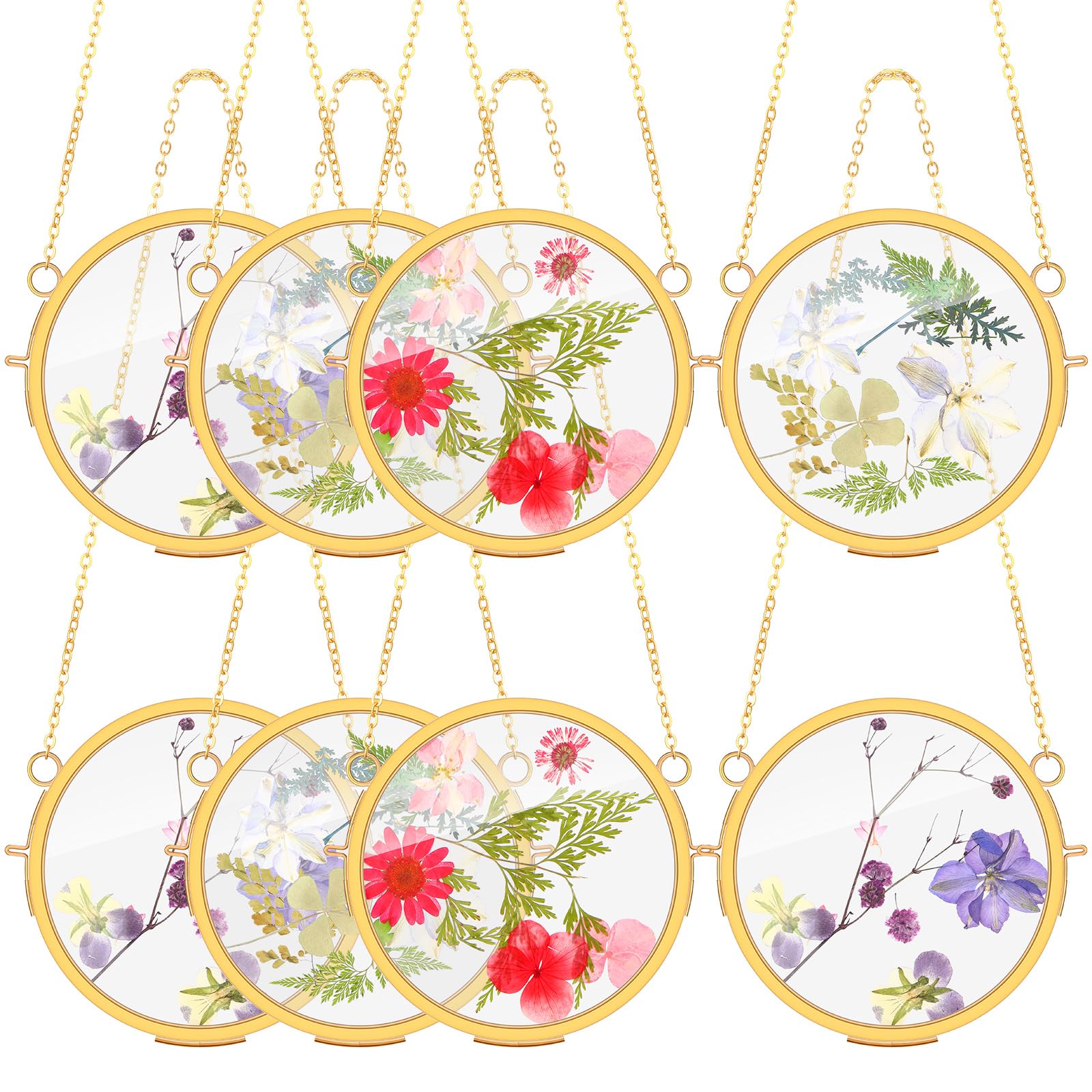 BBTO 8 Pack Round Hanging Glass Frame Small Brass Hanging Photo Frames Set Wall Mounted Gold Double Glass Display for Pressed Flowers Photos Dried Specimen DIY Artwork Display Decoration, 3.9 Inch