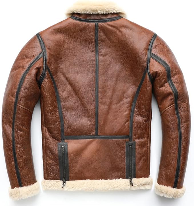Men's Brown Classic Genuine Sheepskin Bomber Jacket - Embrace Winter Warmth in Military Aviator Style (US, Alpha, Large, Regular, Regular)