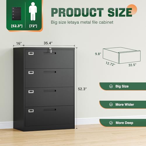Letaya File Cabinets,4 Drawer Metal Lateral Filing Organization Storage Cabinets with Lock,Home Office for Hanging Files Letter/Legal/F4/A4 Size (Require Assembly)