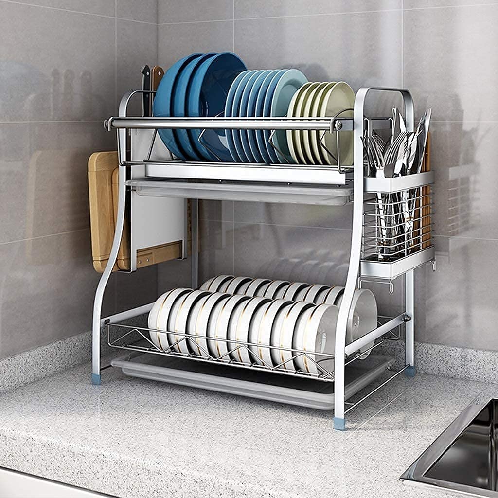 Plate Rack Dish Drainer Rack 2/3-Layer Kitchen Supplies Storage Draining with Chopsticks/Knives/Cutting Board Holder Pan Plate Holder (Color : Silver, Size : 2-Tier)