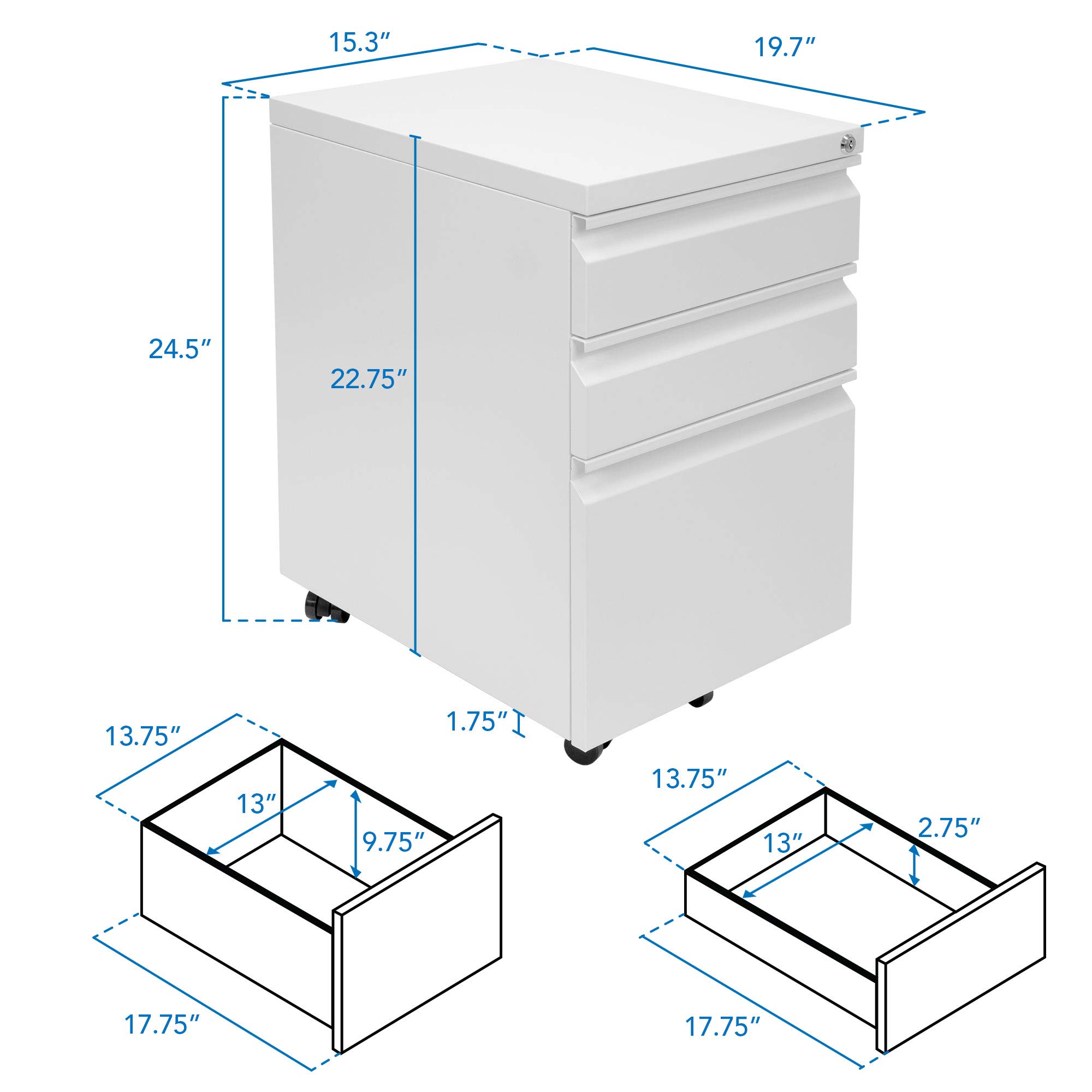 Mount-It! 3 Drawer File Cabinet with Lock and Wheels, Under Desk Storage Filing Cabinet for Home Office, Small Rolling File Cabinet for Legal, Letter, and A4 Files in White