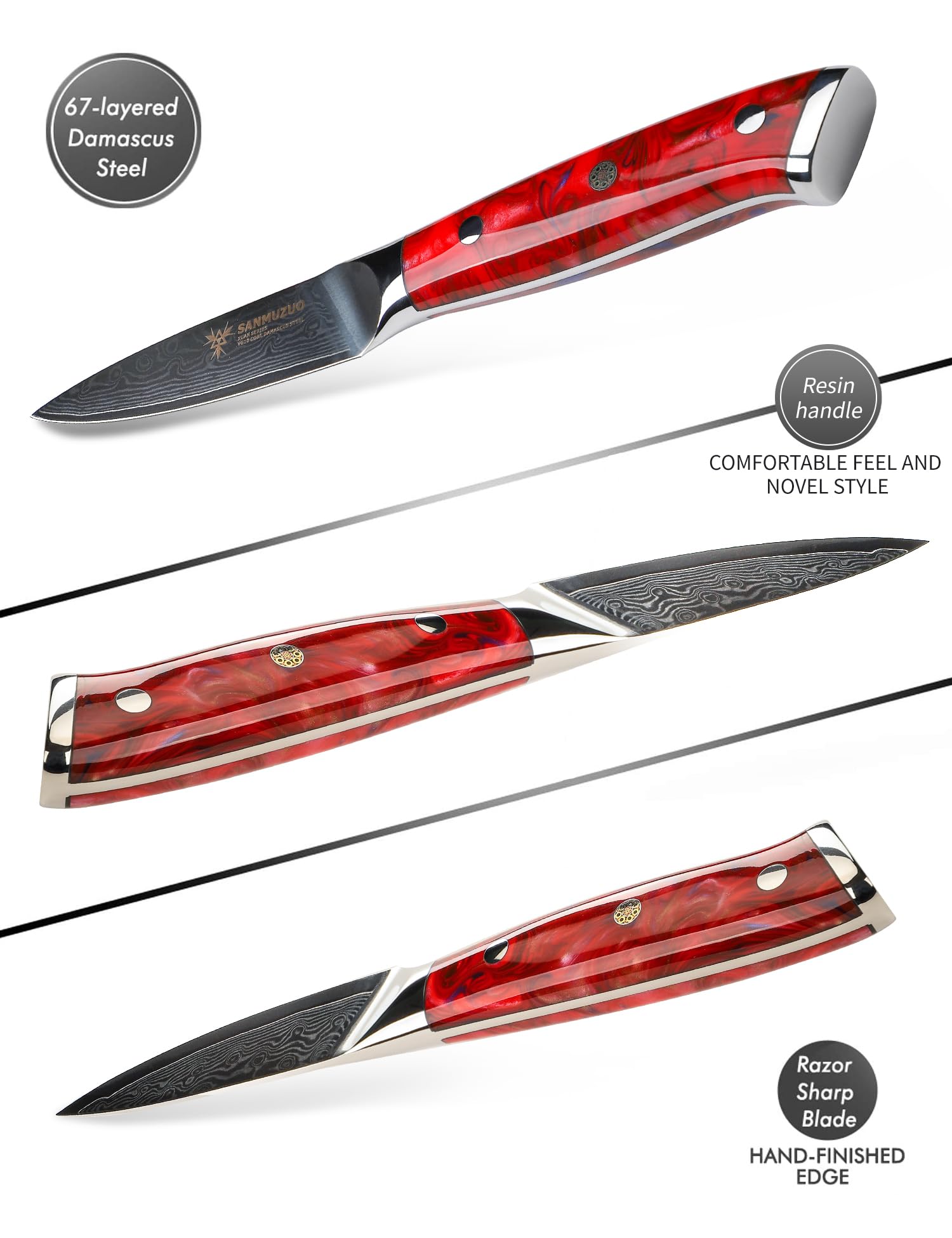 SANMUZUO 3.5 Inch Paring Knife - Kitchen Fruit Vegetable Knife Damascus Steel & Resin Handle - Xuan Series (Sunset Red)
