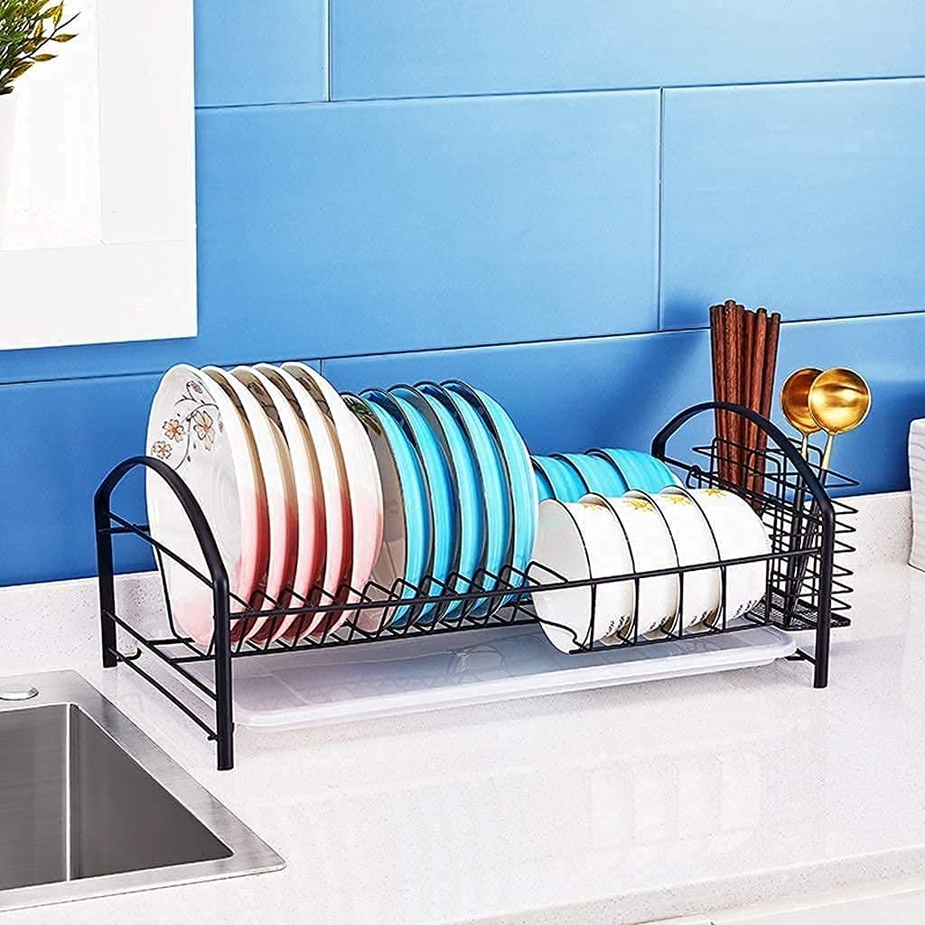 Plate Rack Dish Drainer Rack Rust Proof Stainless Steel Organization Shelf Kitchen Drainer Utensil Holder with Drain Board Pan Plate Holder (Color : Black, Size : 48.5x26x19cm)