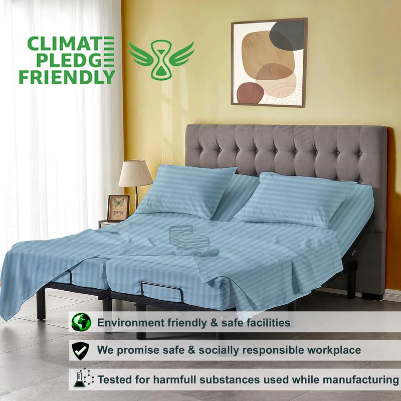 5 Piece Split California King Sheets Sets for Adjustable beds- 400 TC 100% Cotton(Light Blue Stripe)