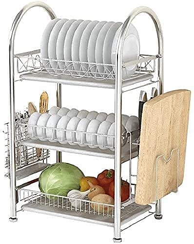 Plate Rack Dish Drainer Rack Drainer Holder Organization Shelf Kitchen Stainless Steel Utensil Chopping Board Holder with Drain Pan Plate Holder (Color : Silver, Size : 3-Tier)