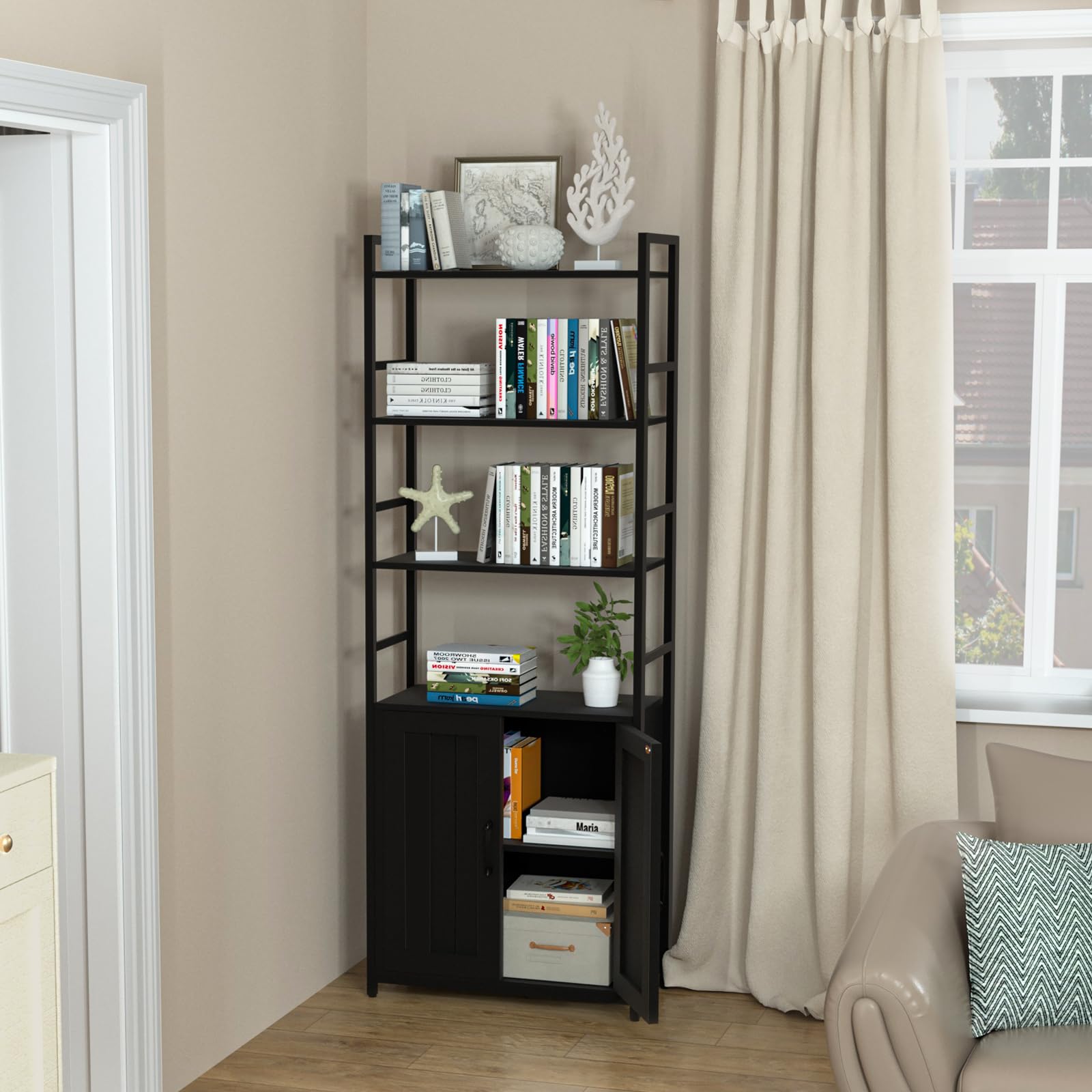 Lazyvan Black Bookshelf with Doors,70" Tall Bookcase with Storage Cabinet,6 Tier Book Shelf for Living Room/Bedroom/Office/Kitchen,70"(H)*26"(L)*11.8"(W)