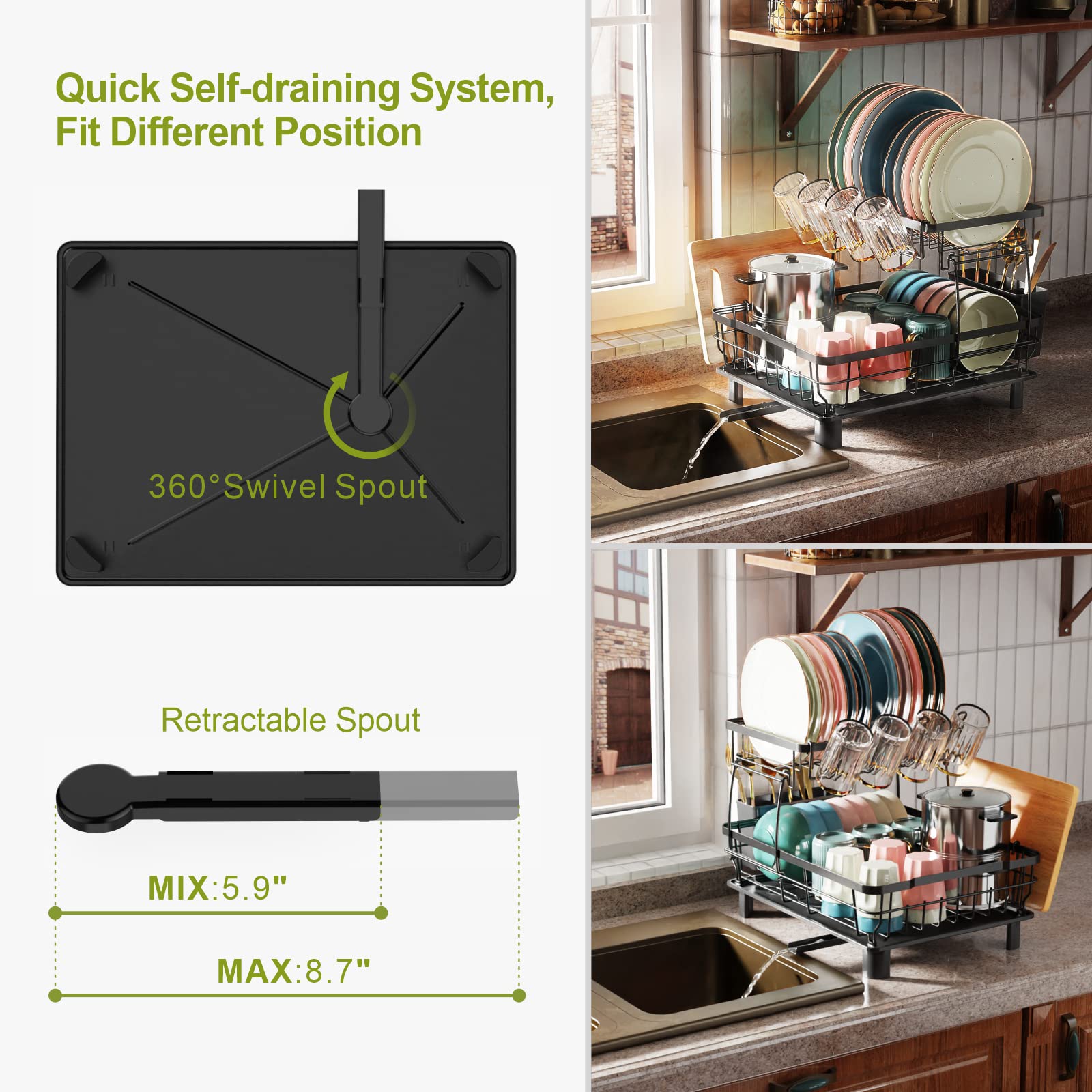 GSlife Dish Drying Rack with Drainboard - Large 2 Tier Dish Rack with 12 Plate Slot, Dish Racks for Kitchen Counter with Utensil Holder Cup Holders Cutting Board Holder, Black