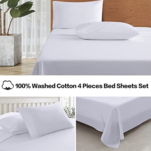EASELAND Queen Cotton Sheet Set, 400TC, Deep Pocket, 4 Piece, White