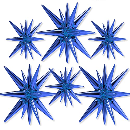 PartyWoo Dark Blue Star Balloons 6 pcs, One-Piece 14-Pointed Starburst Balloons, 27 & 22 inch Star Explosion Balloons with Ribbon, Point Star Foil Balloons, Large Mylar Balloons for Party Decorations