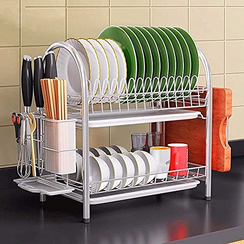 Plate Rack Dish Drainer Rack 2 Layer Stainless Steel Kitchen Cutlery Drainer Storage Organizer Tool-Free Installation Pan Plate Holder (Color : 2 Tier, Size : 40x23x42cm)