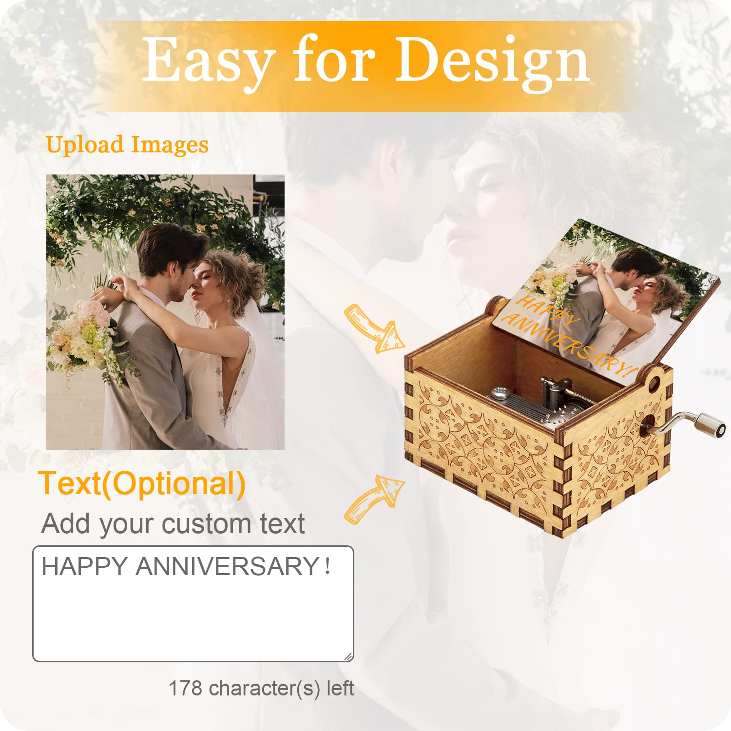Personalized Music Box Custom Gift with Your Photo Text Wooden Hand Crank Music Box for Father's Day Mother's Day Valentine's Day Wedding Anniversary Birthday
