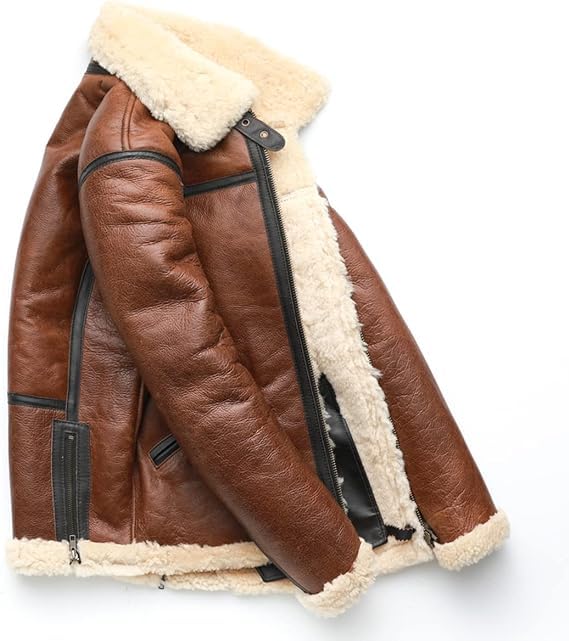 Men's Brown Classic Genuine Sheepskin Bomber Jacket - Embrace Winter Warmth in Military Aviator Style (US, Alpha, Large, Regular, Regular)