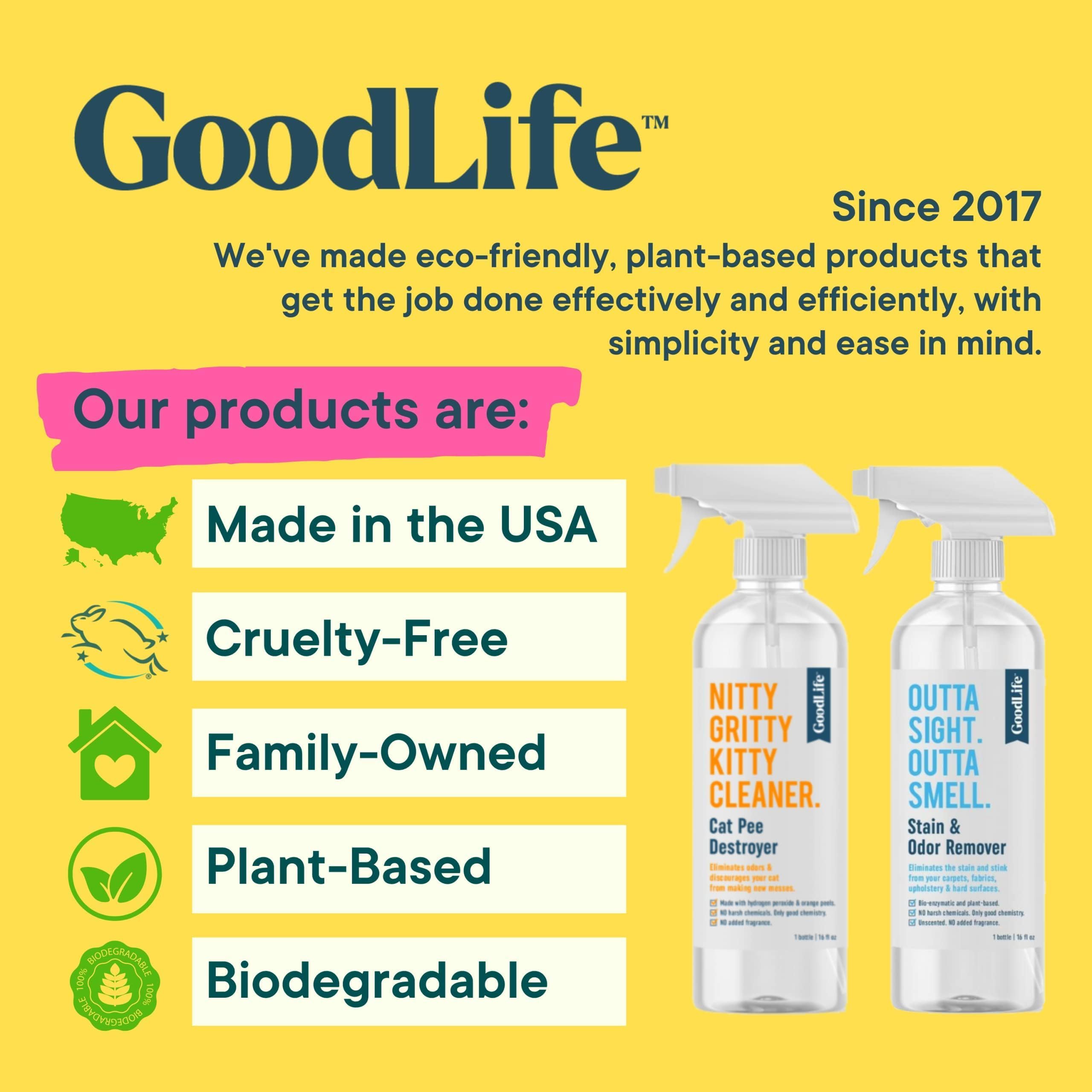 Good Life Solutions Natural Odor and Stain Remover Spray - Unscented Plant-Based Child and Pet Safe Cleaner Earth-Friendly Odor Eliminator Eco Cleaning Products for Home, Carpet, Upholstery 16 oz