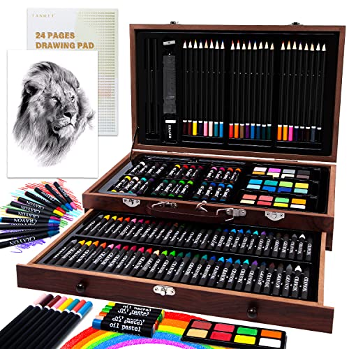 Art Supplies, Tanmit 141-Piece Deluxe Art Set Painting Drawing Kit with Artist Sketch Pad, Oil Pastels, Colored Pencils, Crayons, Watercolor Cakes, Wooden Art Box for Adults Beginners