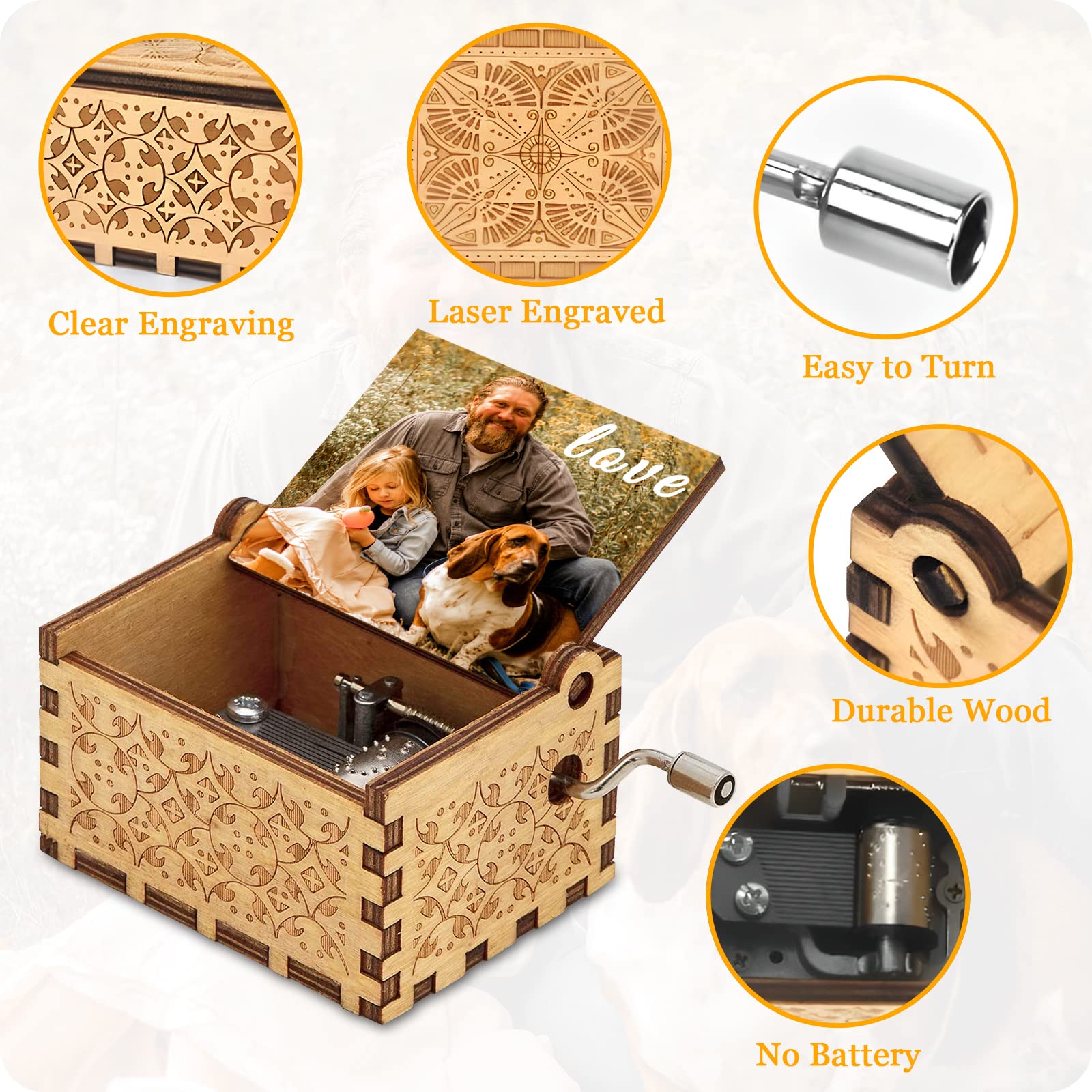 Personalized Music Box Custom Gift with Your Photo Text Wooden Hand Crank Music Box for Father's Day Mother's Day Valentine's Day Wedding Anniversary Birthday