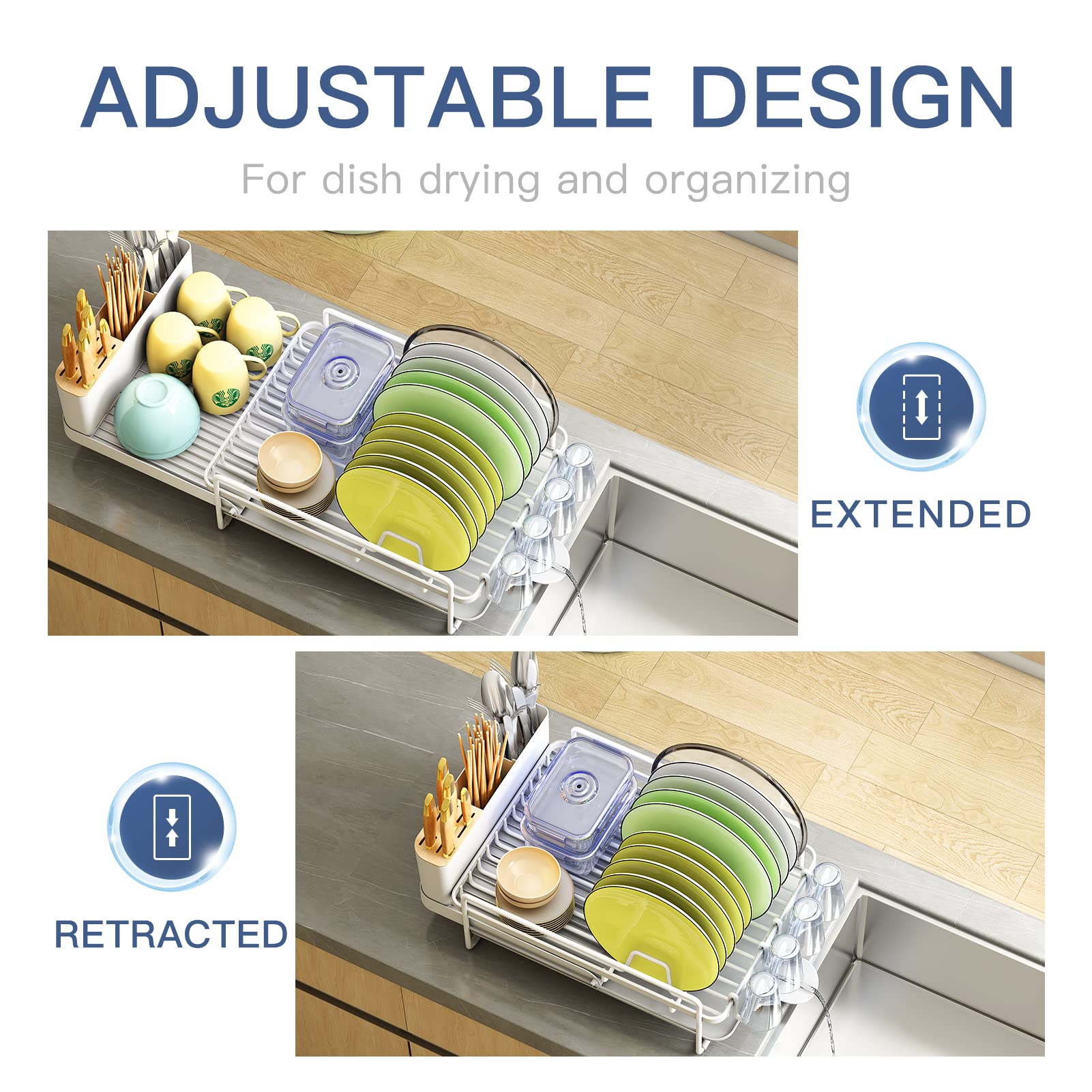 PXRACK Dish Drying Rack, Expandable(19.1"-26.9") Large Capacity Dish Rack and Drainboard Set, Stainless Steel Dish Drainers with Utensil Holder for Kitchen Counter, White